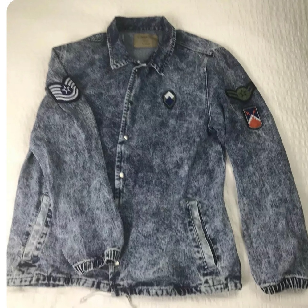 Acid Wash Denim Jacket With Military Patches Carbon B… - Gem